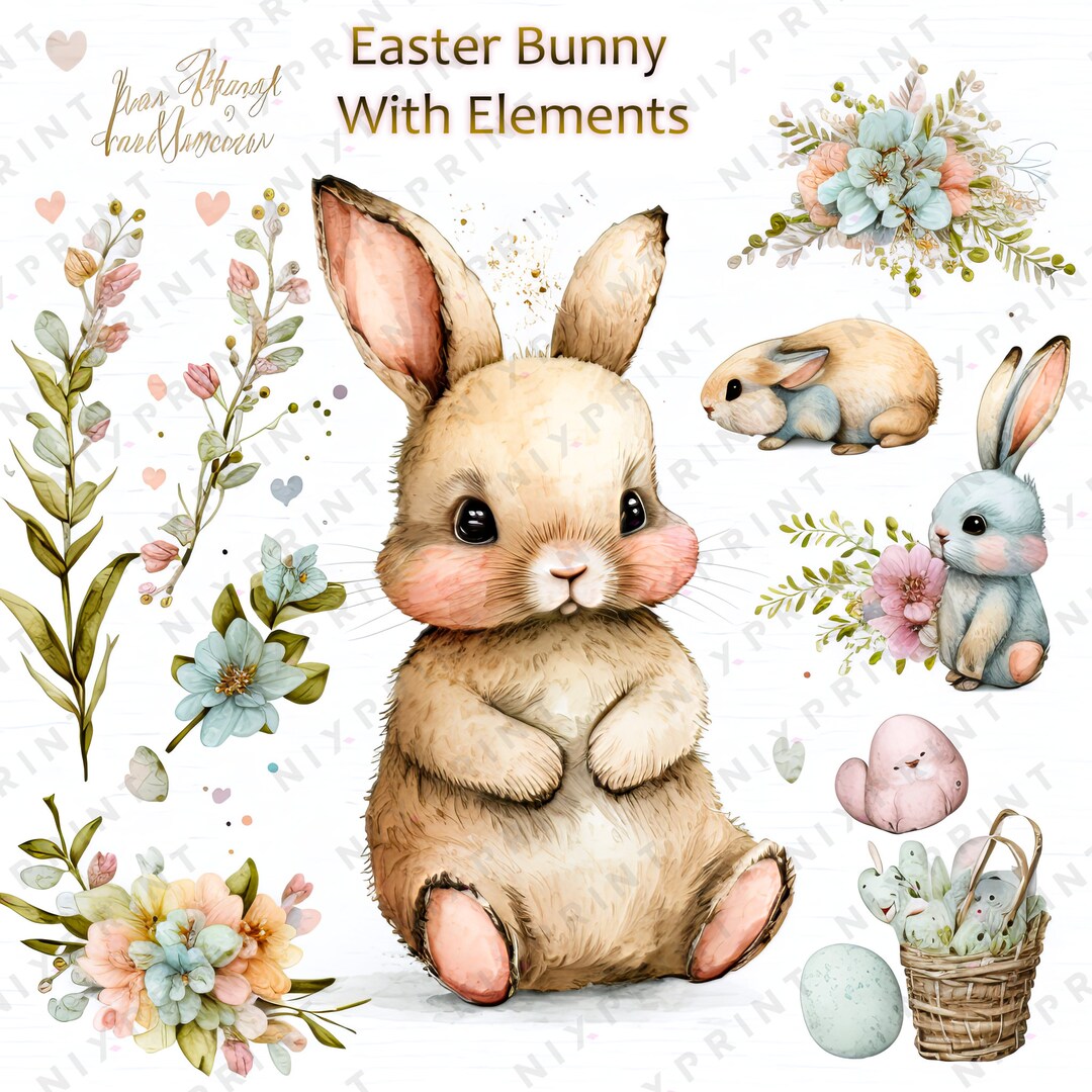 Watercolor Easter Bunny Clip Art Bundle, Cute, Baby Bunny With Elements ...