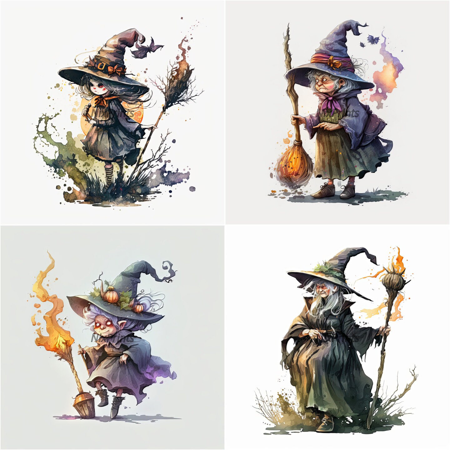 Cartoon Witch Clipart: Watercolor Enchanting Illustrations - Etsy
