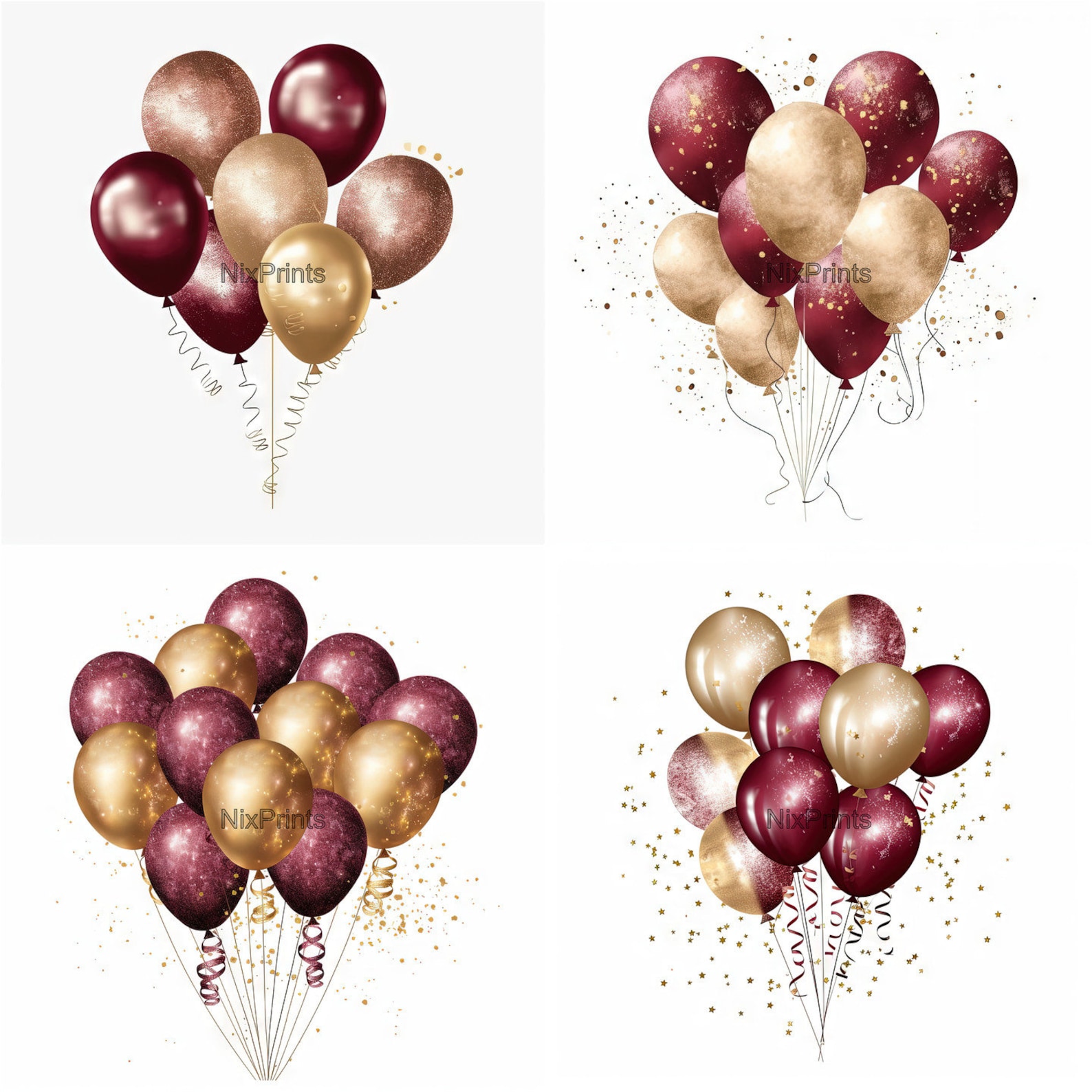 Burgundy and Gold Balloons Clipart, Glitter Effect, JPG Format,digital ...