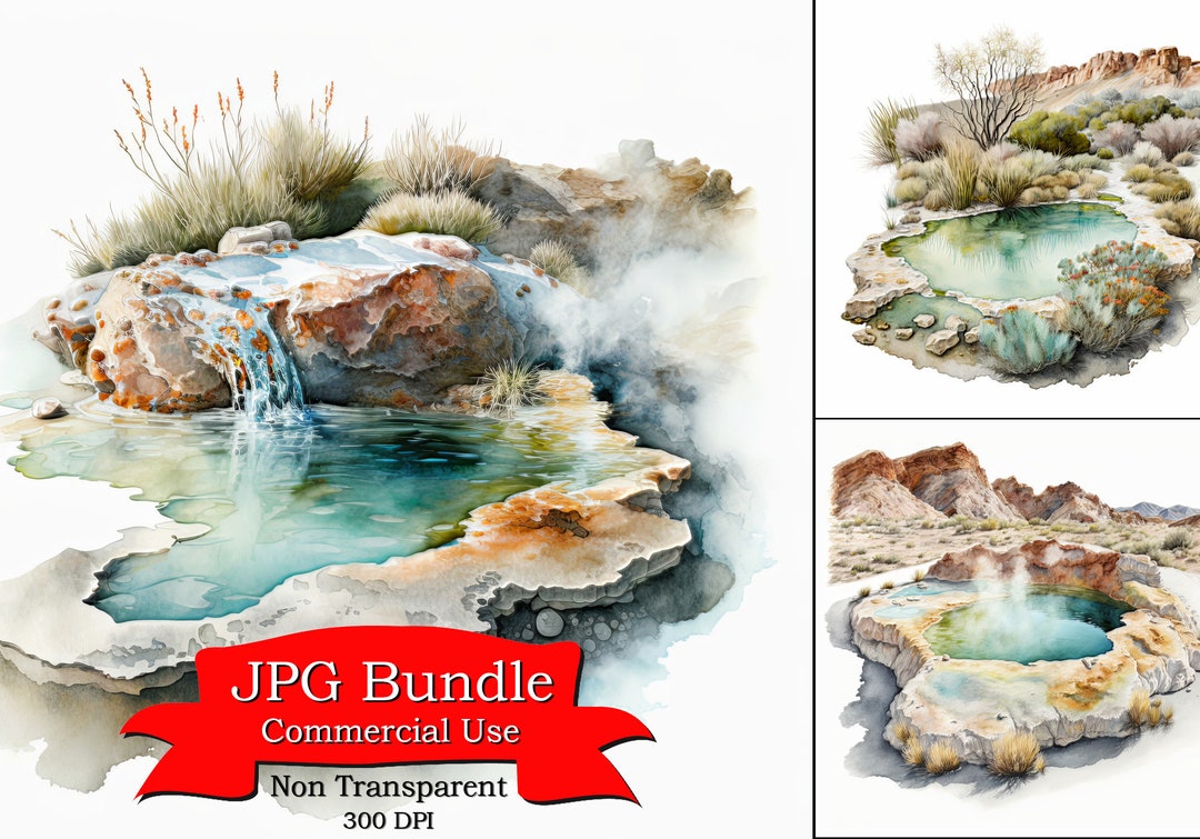 Serene Watercolor Hot Springs Clipart,tranquil Landscape Clipart, 300 ...
