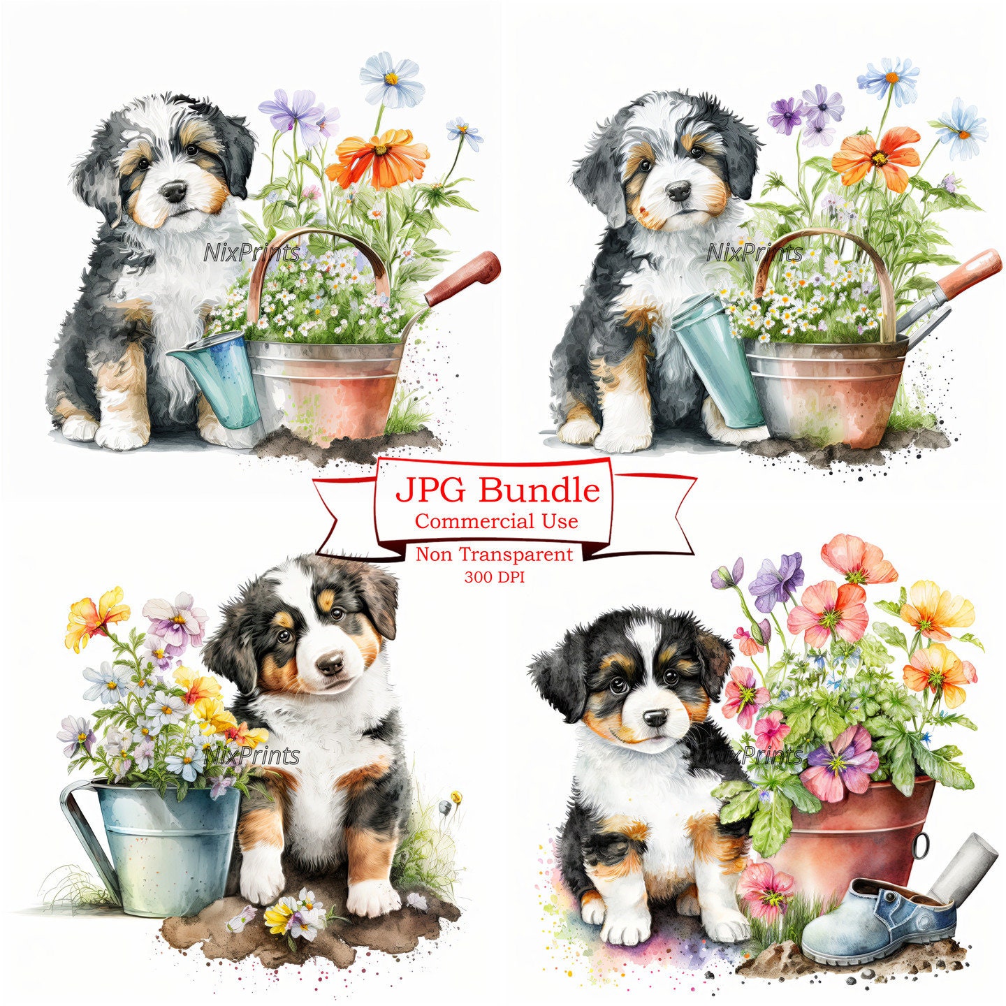 Sheepdog Puppy Clipart Spring Flowers and Gardening Theme - Etsy