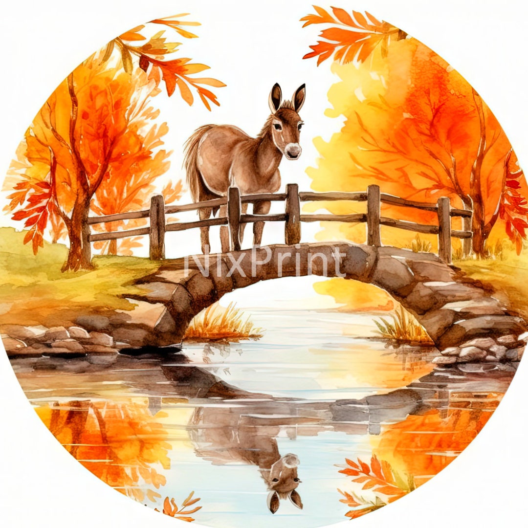 Cute Mule Autumn River Crossing Clipart, Wall Art for Hard Work, Wall ...