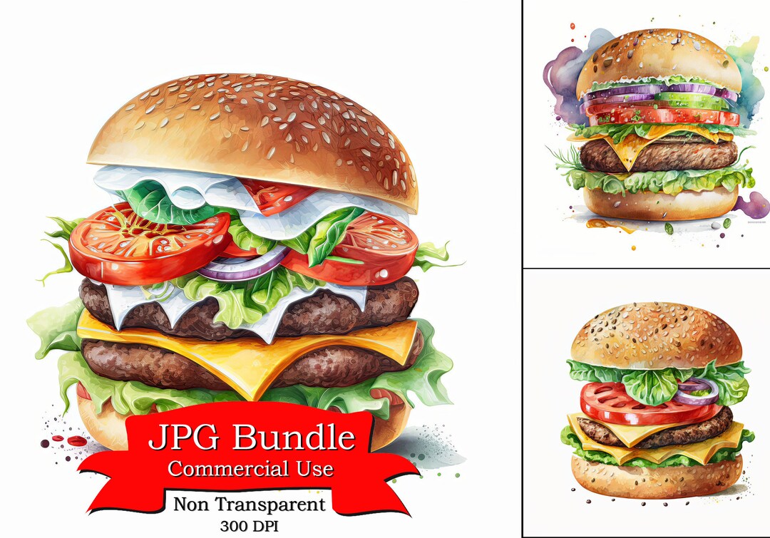 Hamburger Clipart:juicy Watercolor Burger Clipart With Non-transparent ...