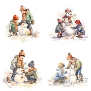 Watercolor Kids Building Snowman Clipart, Poster for Above the Bed ...