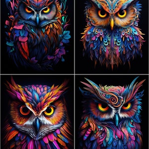 Neon Owl Clipart, Dark Background Hyper-realistic Clipart, Designs for ...