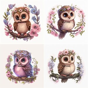Whimsical and Nordic Pastel Color Owl With Flowers Clipart Set With ...