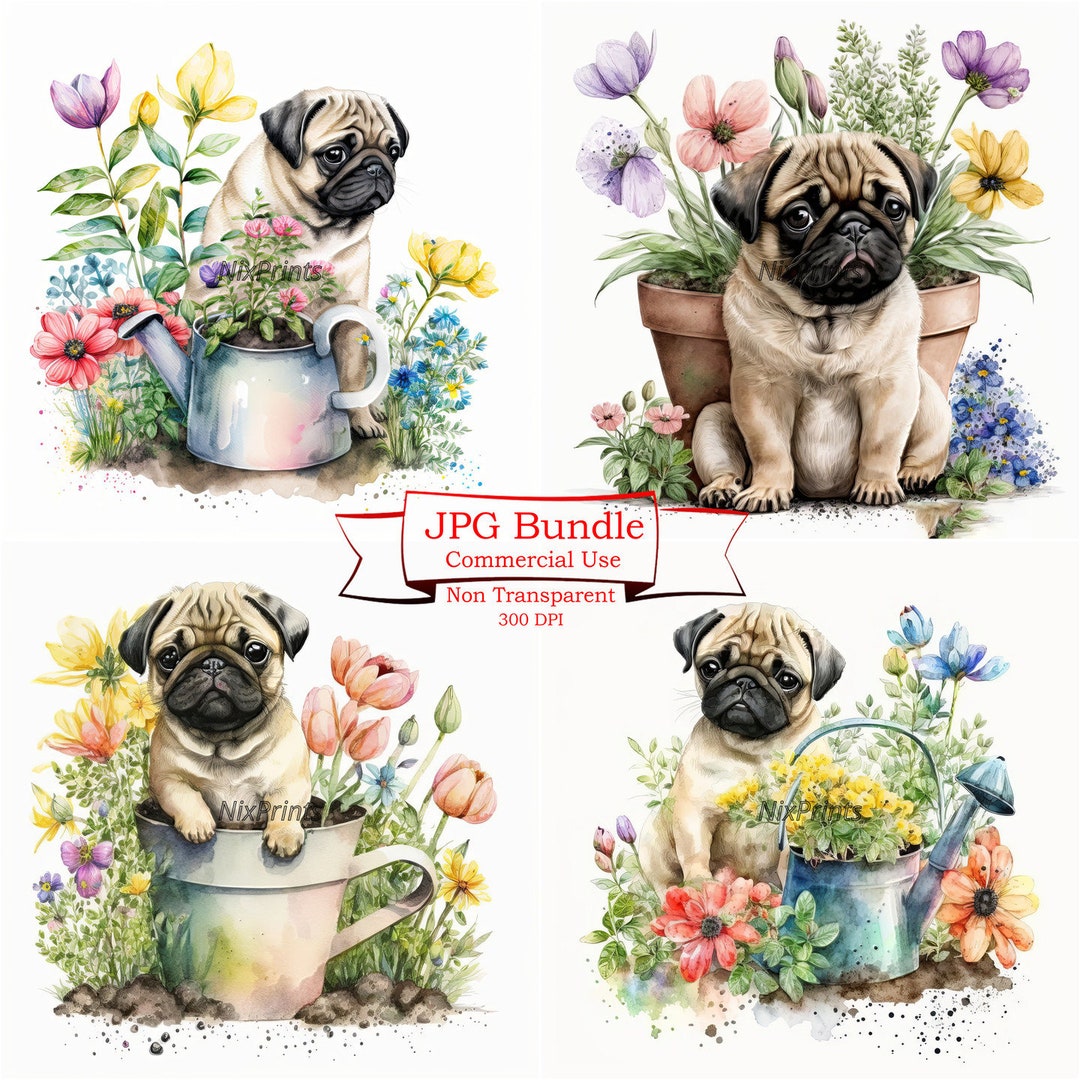 Pug Digital Image and Spring Flowers Clipart Digital Image - Etsy