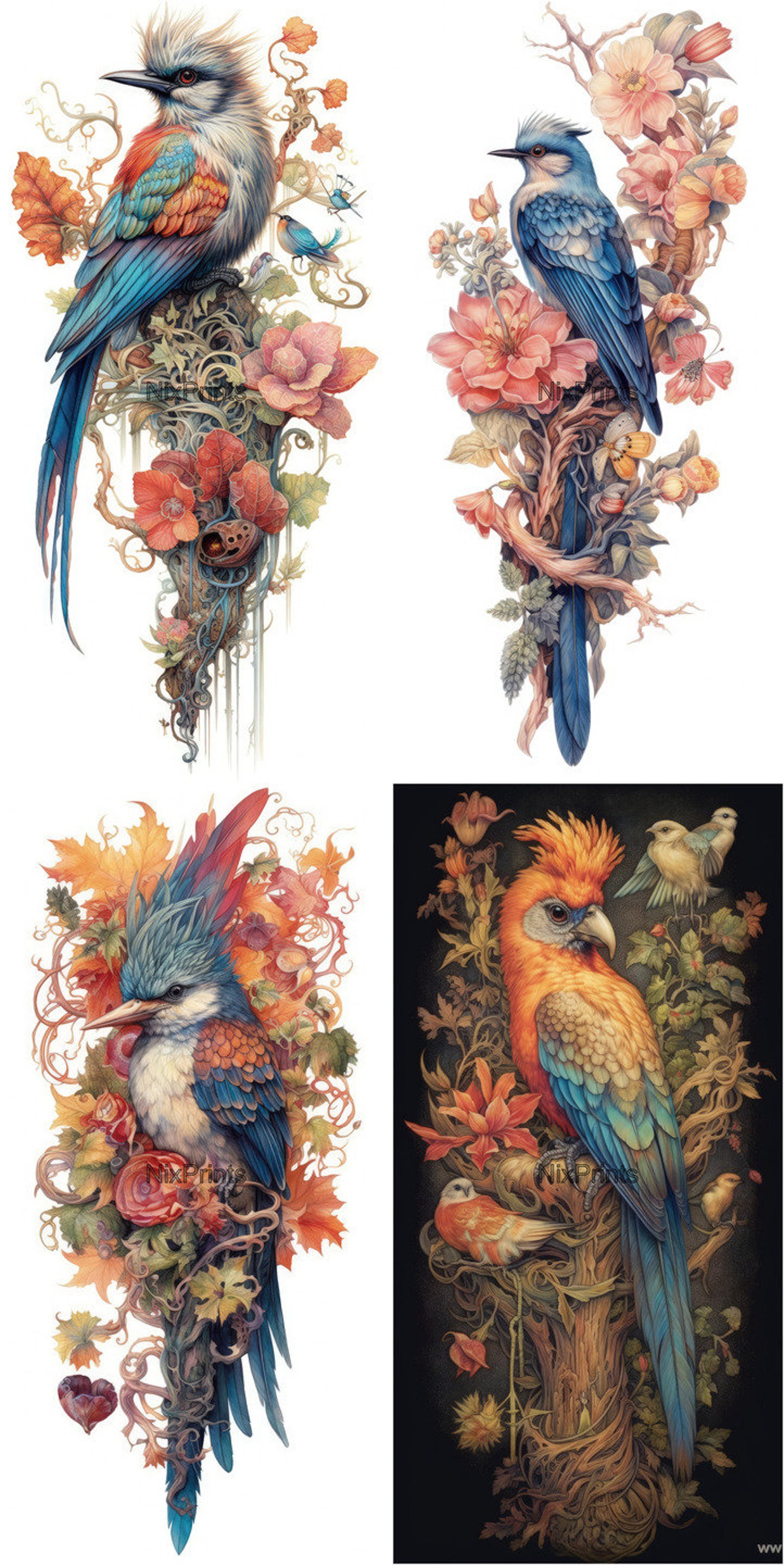 Bird Print, Vintage Bird Clipart, Royal Bird Clipart, Colorful Birds ...