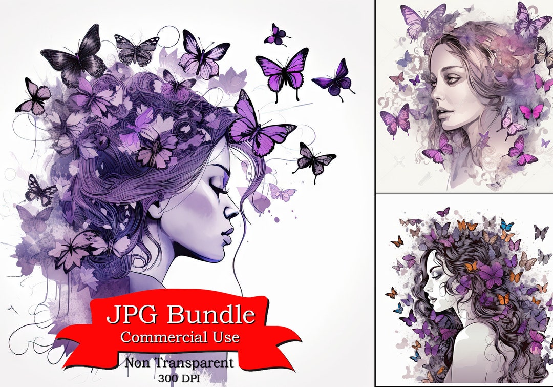 Girl Clipart With Butterflies, Digital Purple Butterflies Woman Clipart ...