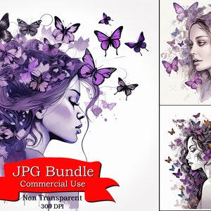 Girl Clipart With Butterflies, Digital Purple Butterflies Woman Clipart ...