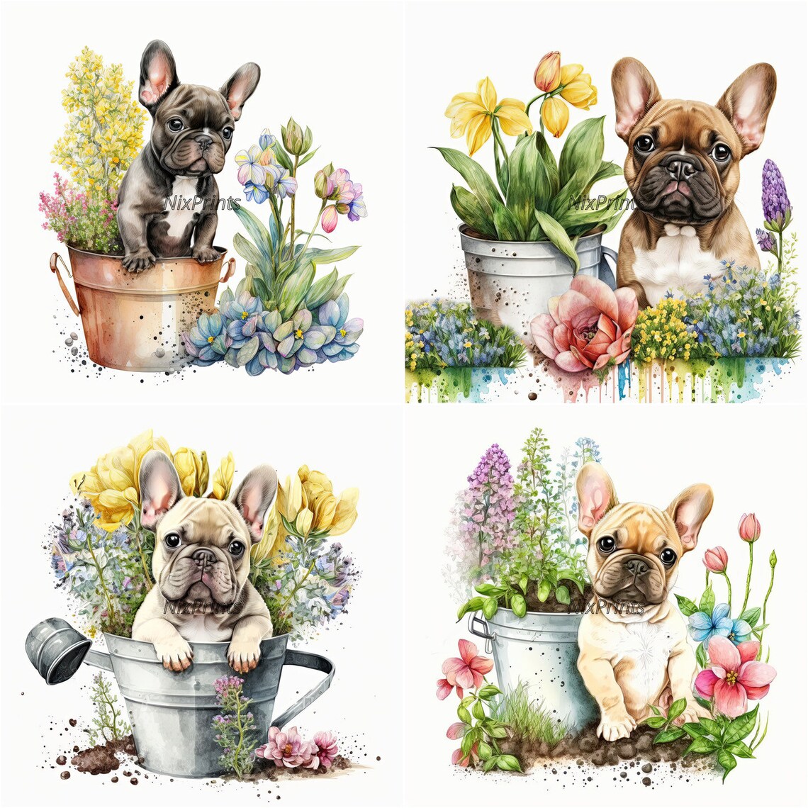 French Bulldog Spring Flowers Clipart Set Digital Image - Etsy