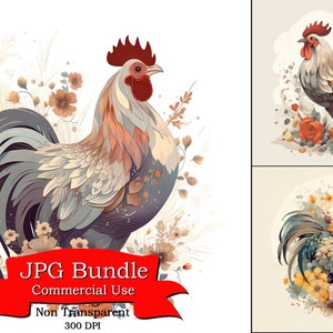 Rooster With Flowers Clipart,digital Paper Crafting, Digital Planner ...