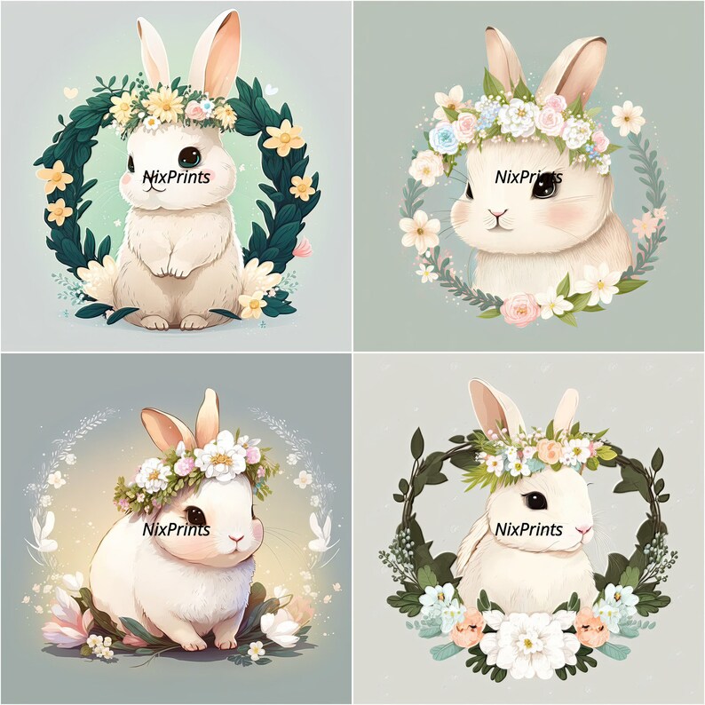 Whimsical Spring Bunnies and Floral Clipart for Nursery Art - Etsy