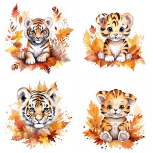 Cute Tiger Fall Foliage Watercolor Clipart, Wall Art for Outdoor ...