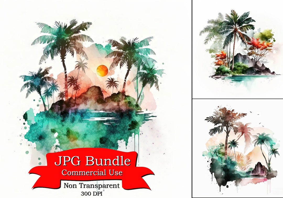 Tropical Paradise Clipart,watercolor Landscape Clipart,digital Paper ...