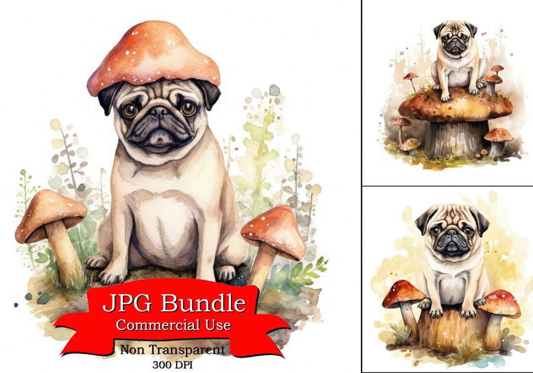 Cute Pug Dog Wild Mushrooms Watercolor Clipart, Digital Sticker for Car ...