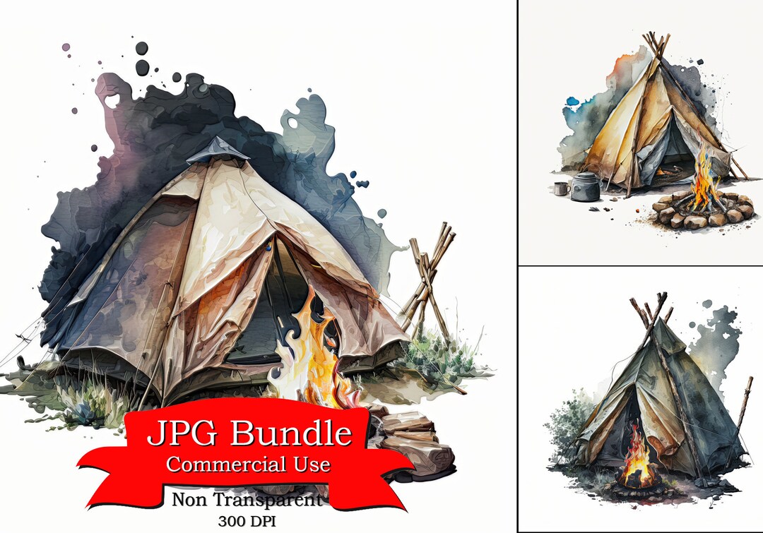 Tent and Campfire Watercolor Clipart, Outdoor Adventure Art, Digital ...