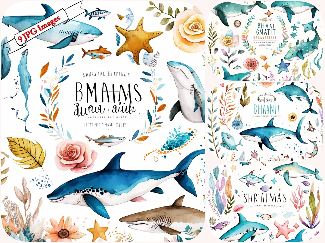 Watercolor Sharks Clipart Featuring Various Shark Species and Sea ...