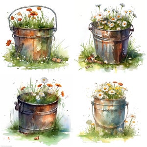 Rusted Bucket With Wildflowers Digital Clipart in JPG Format Digital ...
