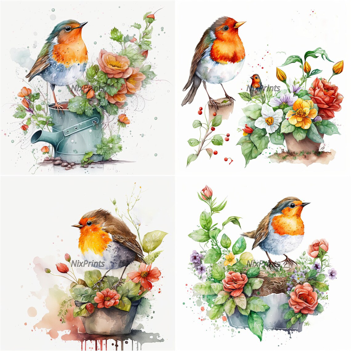 Robin Bird Clipart Spring Flowers Gardening Theme Digital - Etsy Canada