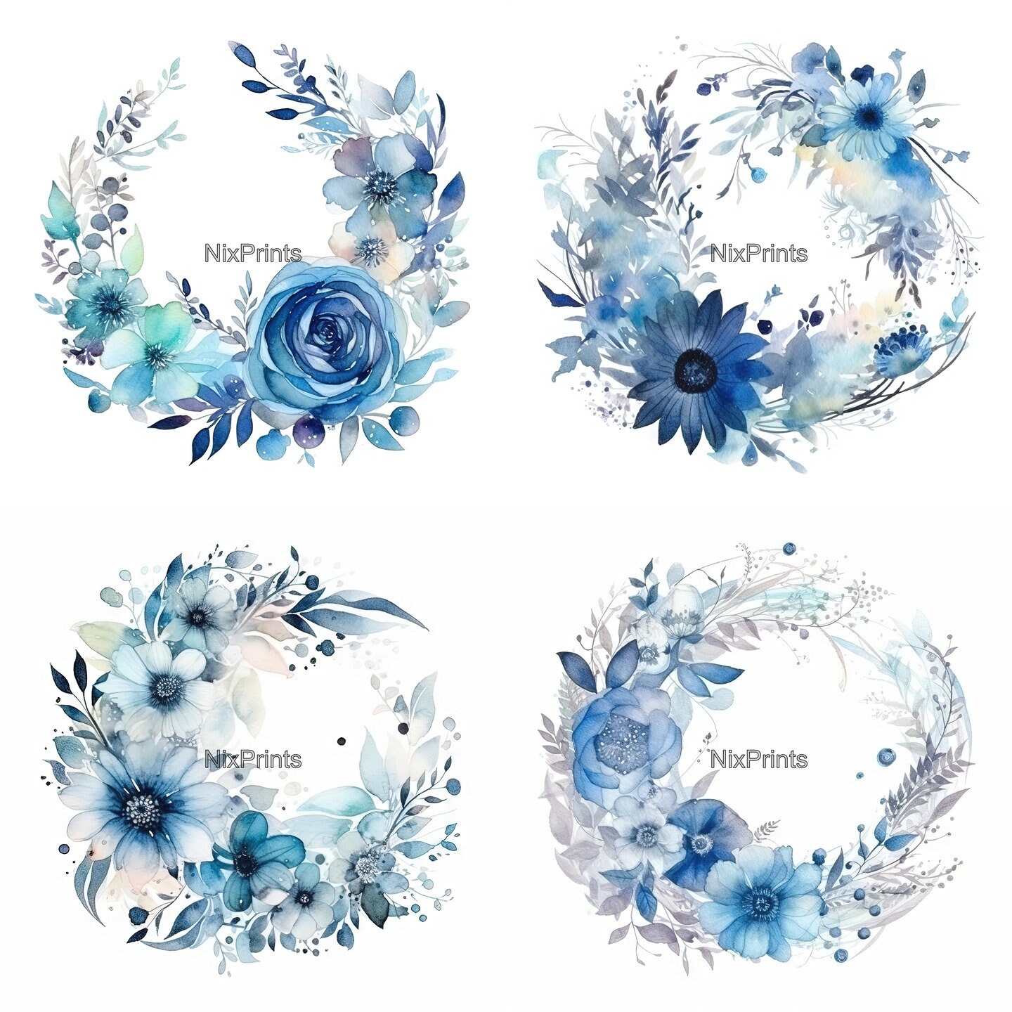 Blue Magical Floral Circle Watercolor Clipart Digital Paper - Etsy