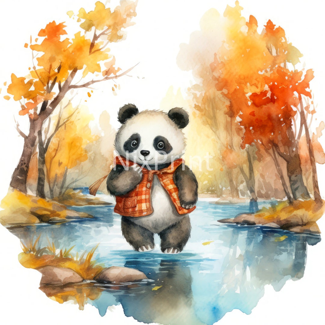 Panda Autumn River Crossing Clipart, Panda Clipart, Wall Art for Powder ...