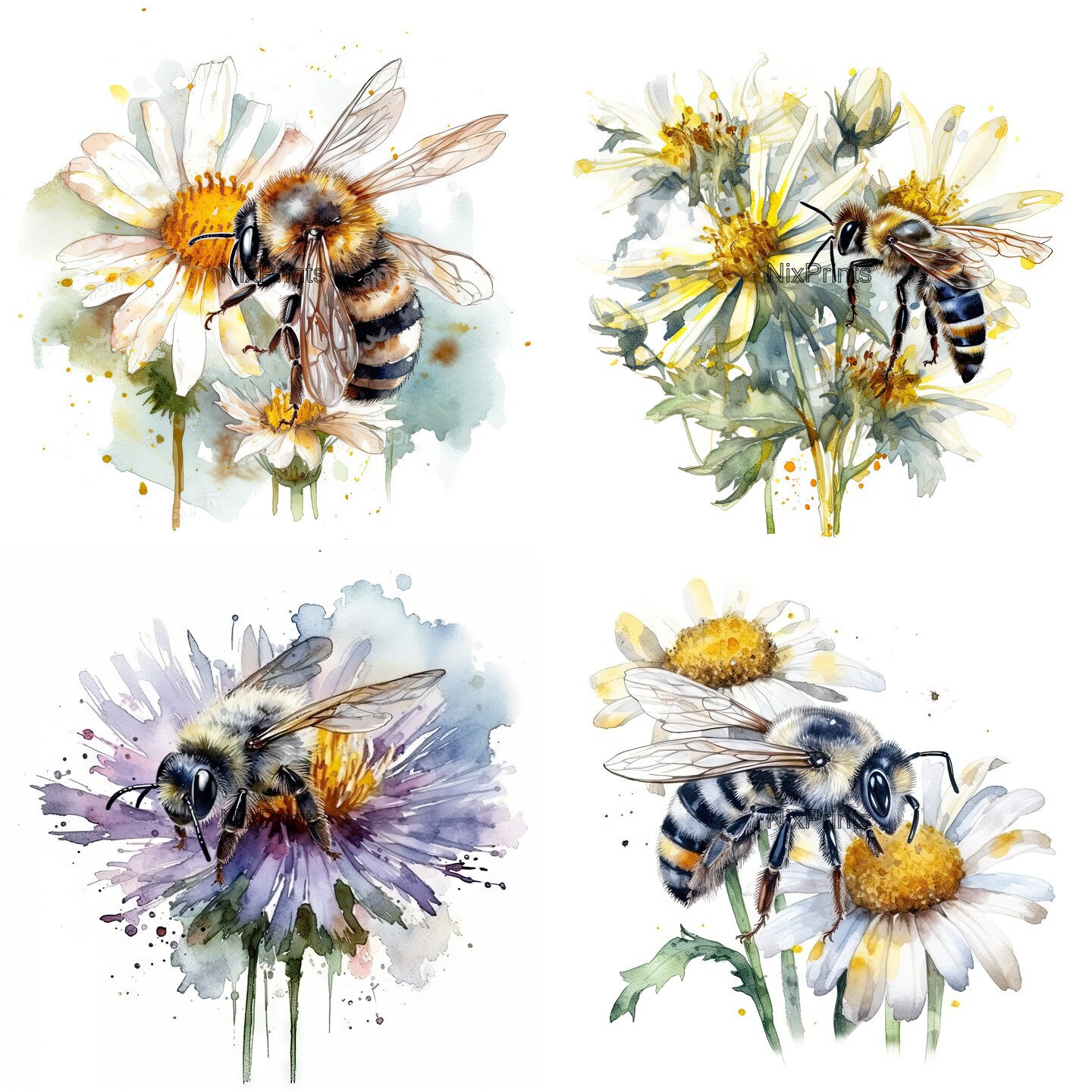 Bee on Flower Meadow: Detailed, Vibrant Watercolor Clipart, Nature ...