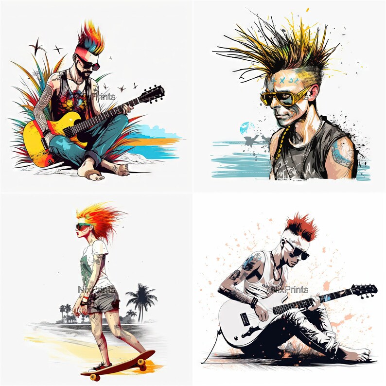 Beach Punk Art Boy Clipart Cool Guy With Guitar Skateboard - Etsy