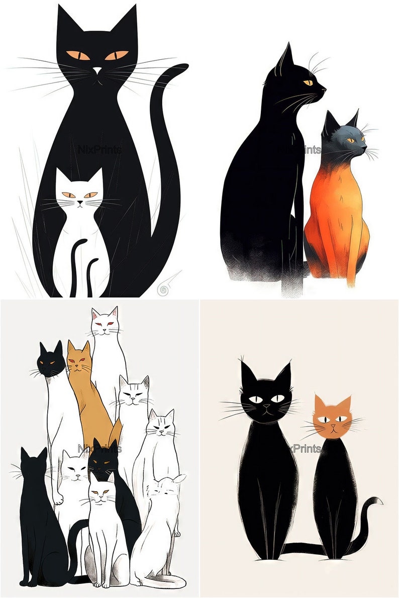 Black and White Group of Cats Clipart Digital Paper Crafting - Etsy