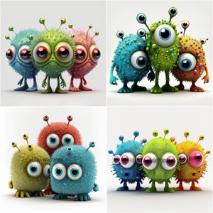 Fuzzy Slimy Humanoid Aliens With Big Eyes, Unique Clipart, Digital ...