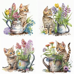Bengal Kitten Clipart, Spring Flowers, JPG Format, Floral Cat ...