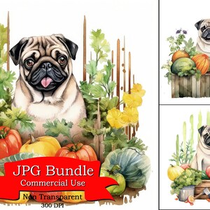Cute Pug Dog Vegetable Garden Watercolor Clipart, Wall Art for Nursery ...