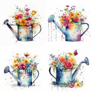 Watercolor Watering Can and Flowers Digital Clipart in JPG Format ...