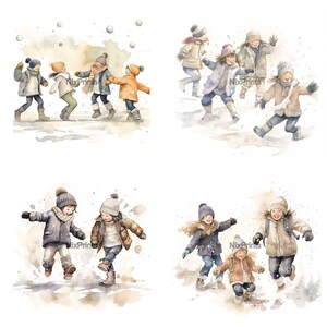 Watercolor Children Snowball Fight Clipart, Digital Sticker for Packing ...