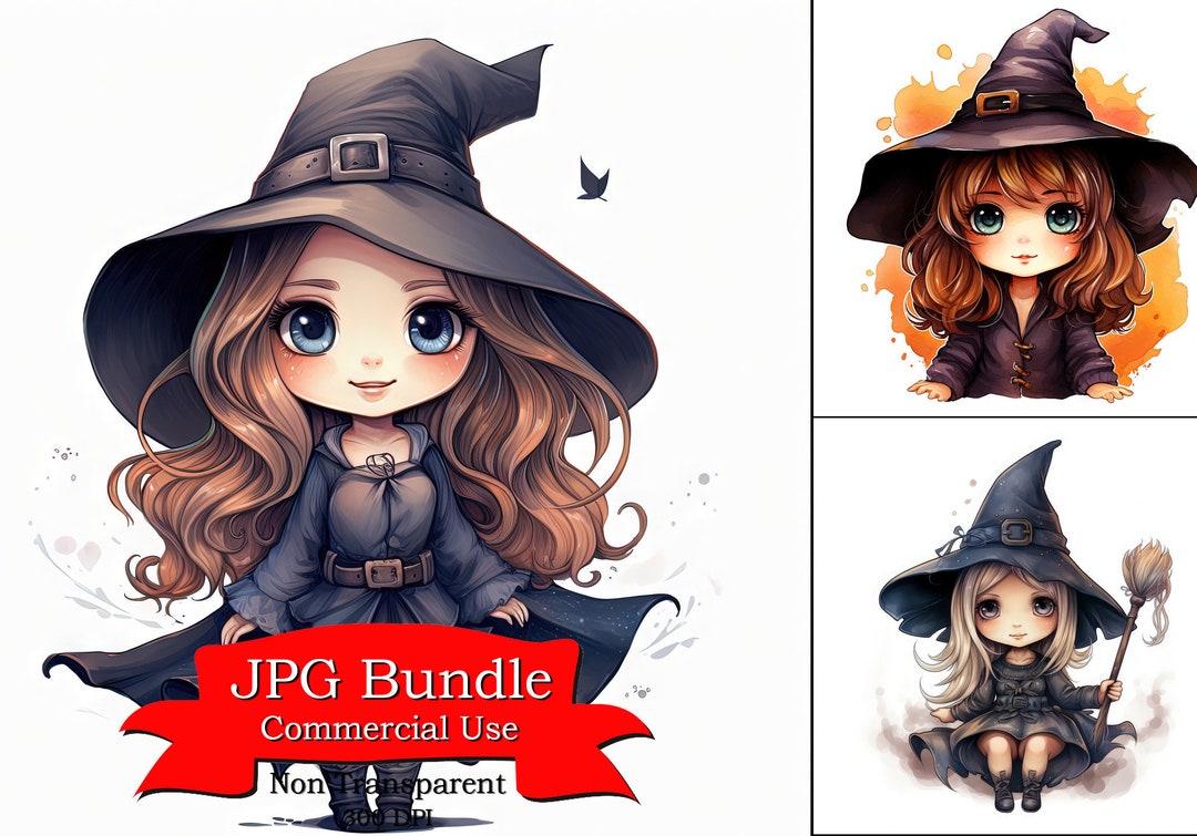 Cute Chibi Girl Witch Clipart, Watercolor Style Clipart, Wall Art for ...