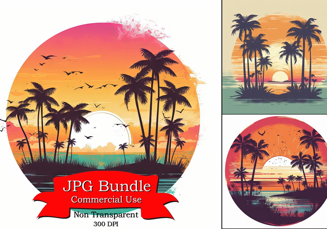 Sunset Beach Design With Palm Trees ,white Background,digital Paper ...