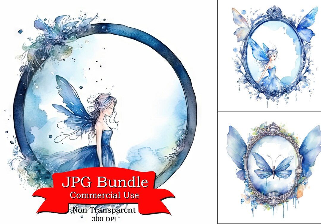Enchanting Blue Fairy Mirror Watercolor Clipart, Digital Paper Crafting ...