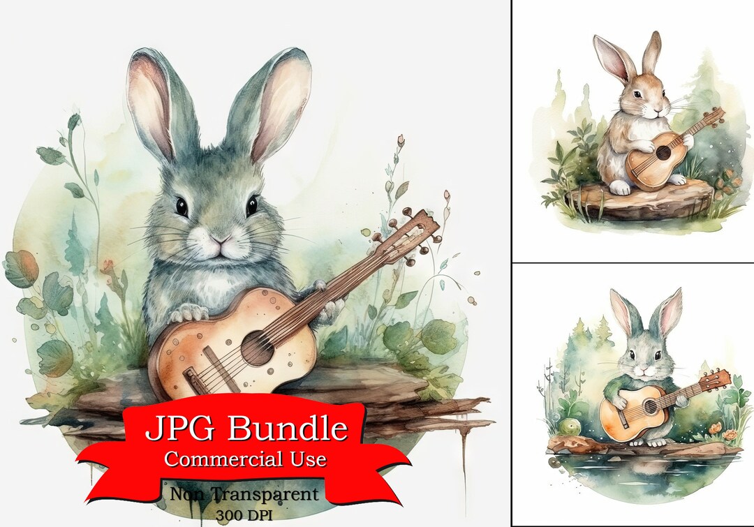 Bunny Clipart, Rabbit Clipart, Cute Bunny Rabbit Playing Banjo on Green ...