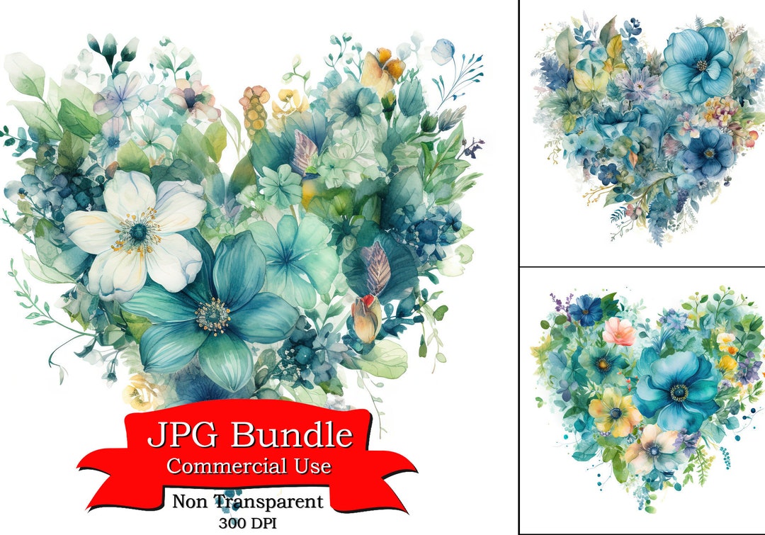 Watercolor Heart-shaped Wreath of Flowers in Cerulean Hues: Romantic ...