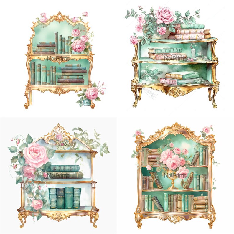 Bookcase Clipart, Mint Color Books on a Small Gold Bookcase With Pink ...