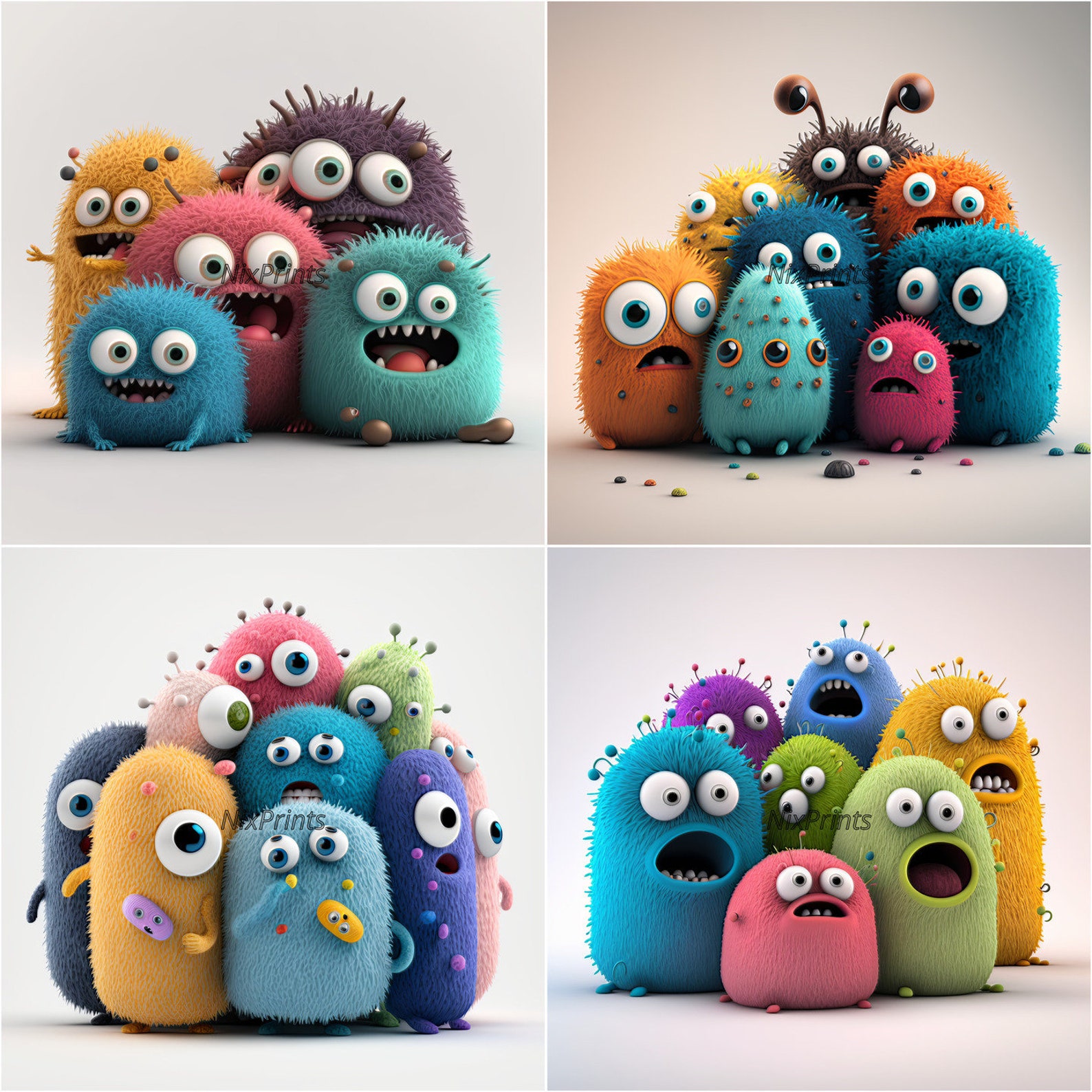 Hairy Colorful Monsters Group Cute Clipart Digital Download - Etsy