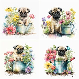 Pug Digital Image and Spring Flowers Clipart, Digital Image Downloads ...