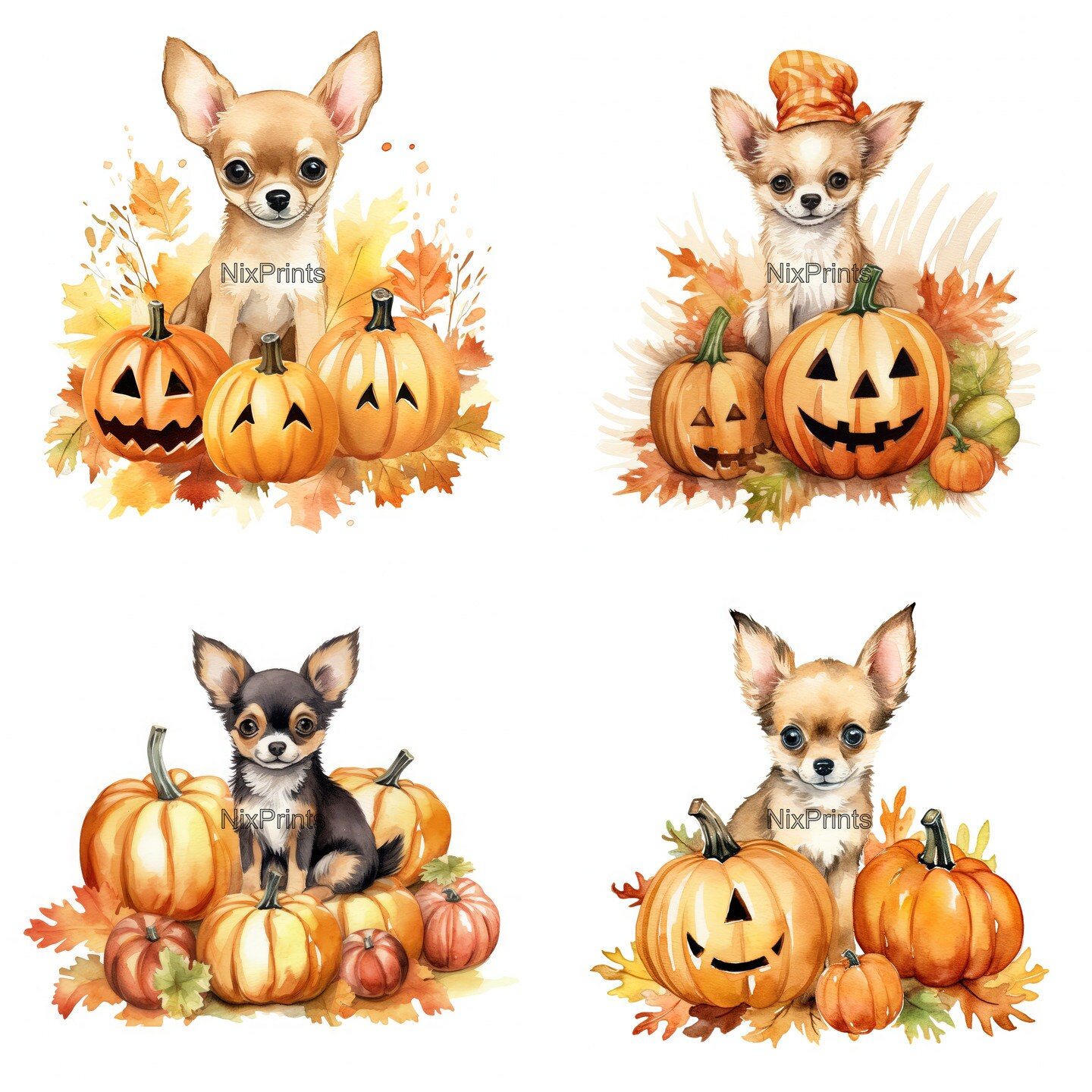 Cute Chihuahua Pumpkin Patch Fall Season Watercolor Clipart, Digital ...