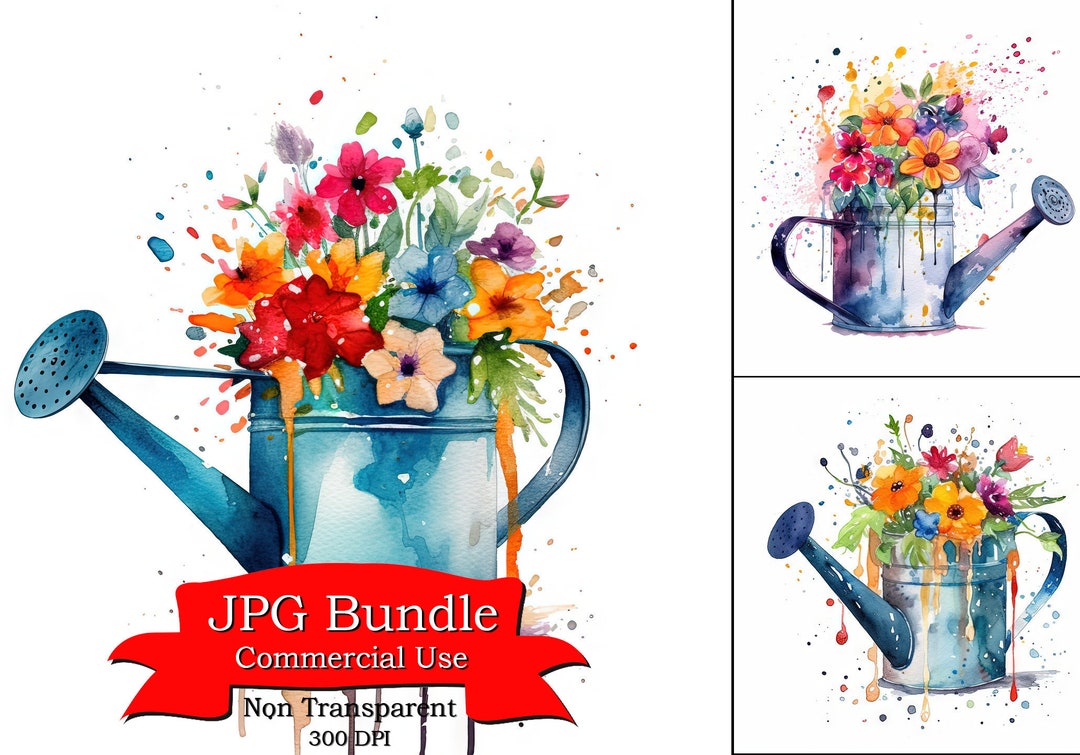 Watercolor Watering Can and Flowers Digital Clipart in JPG Format ...
