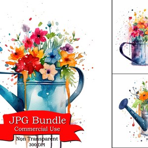 Watercolor Watering Can and Flowers Digital Clipart in JPG Format ...