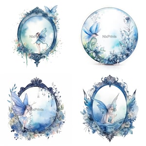 Enchanting Blue Fairy Mirror Watercolor Clipart, Digital Paper Crafting ...
