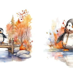 Penguin Autumn River Crossing Clipart, Penguin Clipart, Digital Sticker ...