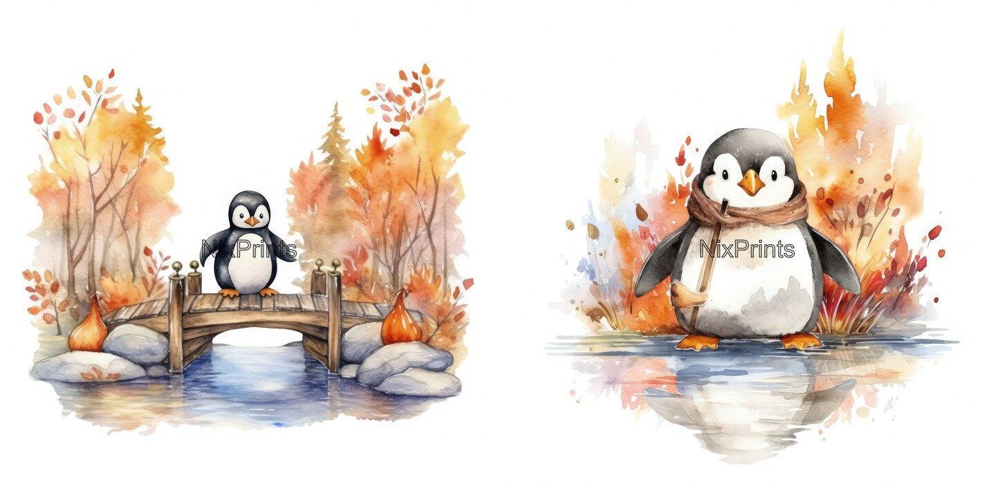 Penguin Autumn River Crossing Clipart, Penguin Clipart, Digital Sticker ...