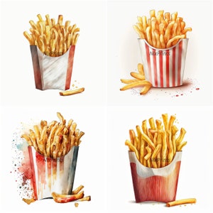 French Fries Clipart: Tasty Watercolor Fast Food Clipart With Non ...