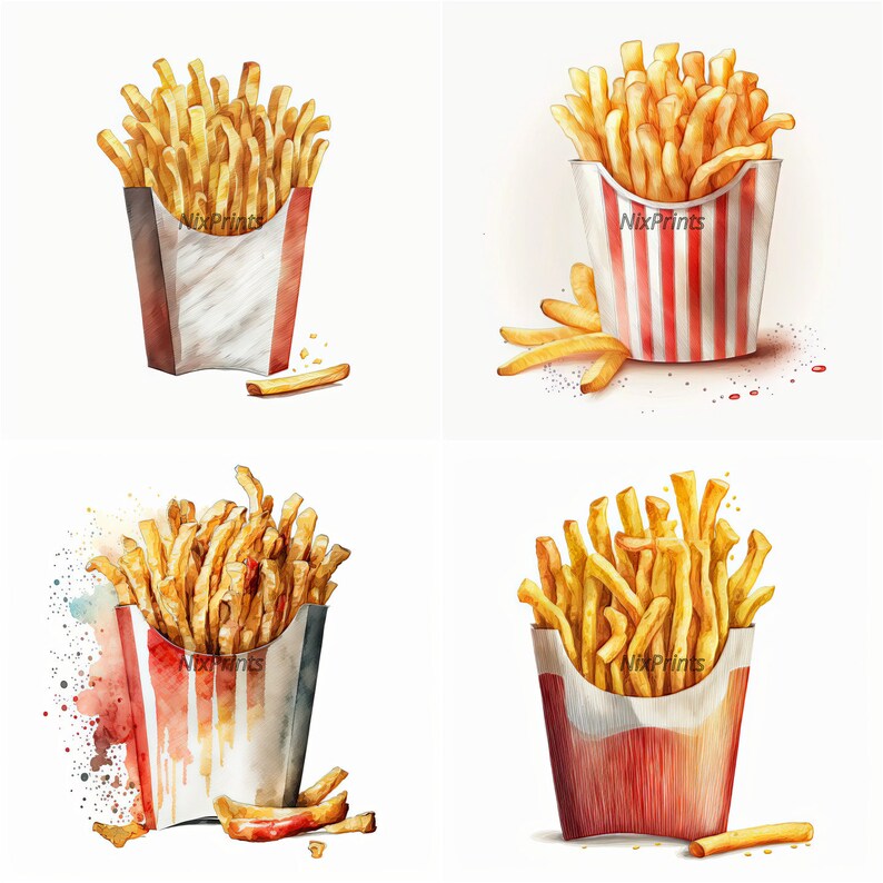 French Fries Clipart: Tasty Watercolor Fast Food Illustration - Etsy